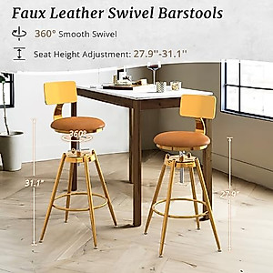 Cozyman Industrial Swivel Bar Stool Set of 4, 26"-32" Adjustable Counter Height Bar Stool with Back for Kitchen Island, Vintage Farmhouse Faux Leather Barstool with Golden Metal Legs, Whiskey Brown