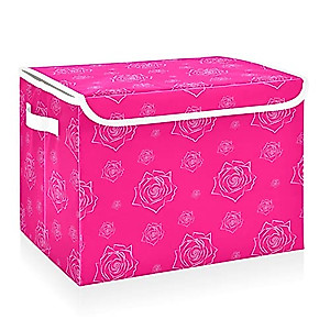 CaTaKu Roses Hot Pink Storage Bins with Lids Fabric Large Storage Container Cube Basket with Handle Decorative Storage Boxes for Organizing Clothes Shelves