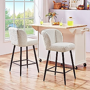 Yaheetech Bar Stools Set of 4 Boucle Fabric Upholstered Counter Height Stools Armless Kitchen Island Stools with Black Metal Legs for Pub Club Kitchen, White