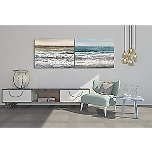 Yihui Arts Large Dinning Room Wall Art Hand Painted Modern Abstract Seascape Canvas Oil Painting Ocean Beach Coastal Picture Artwork for Home Decor