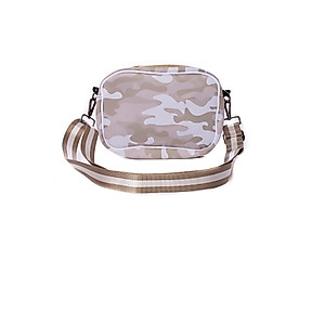 Haute Shore Drew Sahara Crossbody Tote Beige Camo WRose Gold and White Stripe