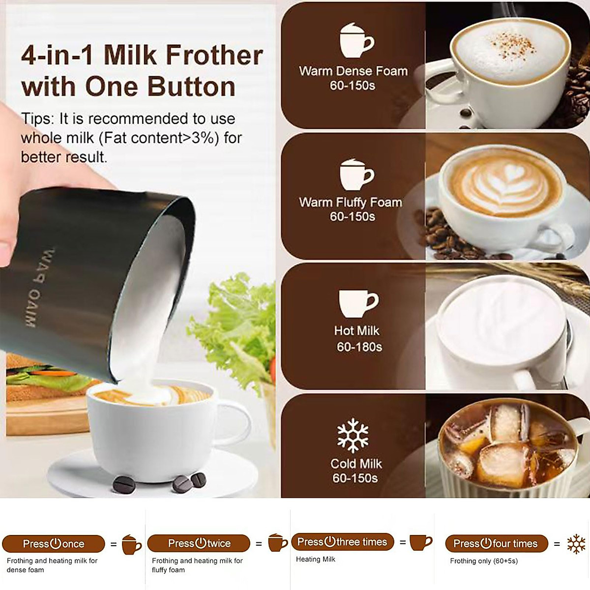 Electric Milk Frother,4-in-1 Milk Steamer 11.8oz/350ml,Stainless Steel Automatic Warm and Cold Milk Foamer Frother Maker for Coffee,Latte,Cappuccinos,Hot Chocolate