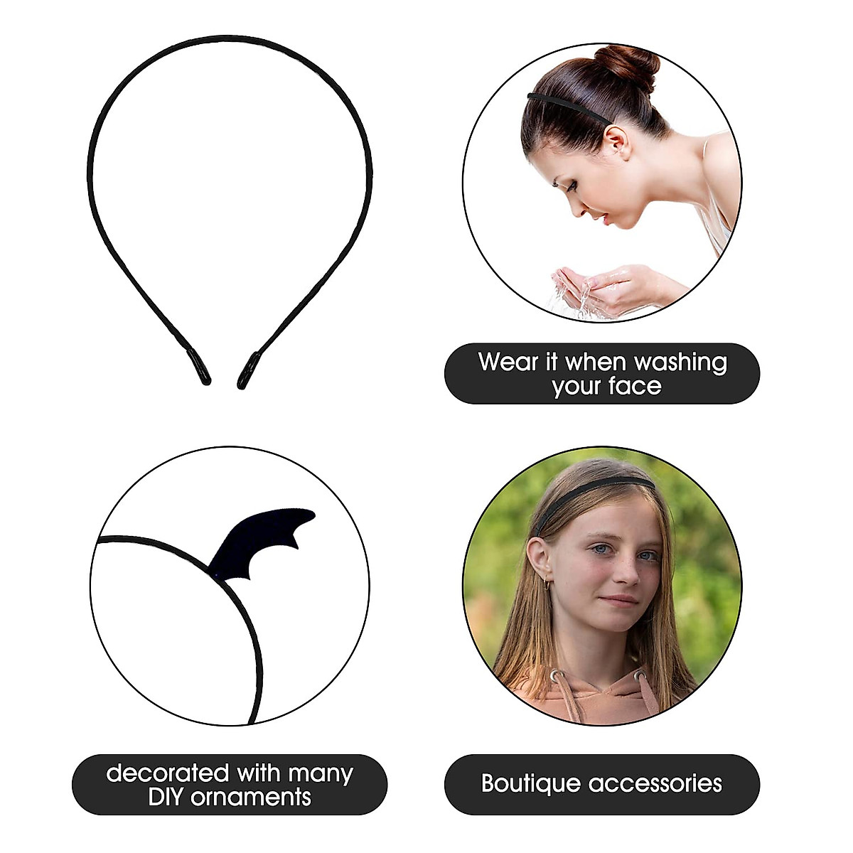 Lawie 20 Pack Black Satin Cloth Fabric Covered Thin Slim Hard Metal Headband 0.5CM Plain Wire Hair band Elastic Skinny Hair Hoop Holder Tiara Crown Base for Women Men Crafting DIY Accessories