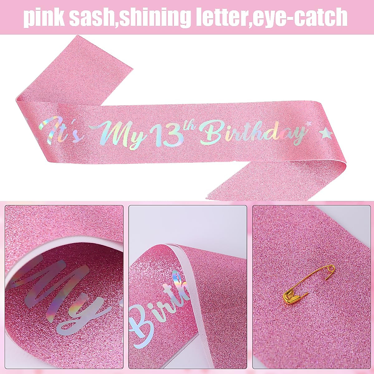13th Birthday Candle Sash and Tiara Sets,It's My 13th Birthday Sash Rhinestone Crown Happy Birthday Cake Topper 32inch Foil Balloon for Girls 13th Birthday Gift Party Decorations Supplies (Rose 13th)