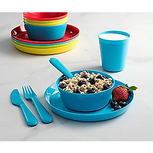 Plaskidy Kids Dinnerware Set for 4-24 Piece Plastic Childrens Dishes Dinnerware Sets Microwave/Dishwasher Safe BPA Free - Toddler Dinner Set Includes Kids Plates and Bowls Kids Cups Flatware Set
