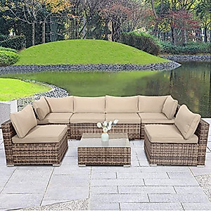 LEISU 7 Pieces Outdoor Sectional Furniture Set All-Weather Patio Sectional Sofa 7-Piece Conversation Set with Cushions (7 Pieces)