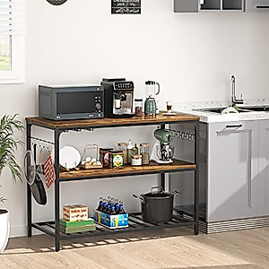 Homieasy Kitchen Island with Wine Glass Holder, Industrial Wood and Metal Coffee Bar Rack, 3 Tier Spacious Prep Table Extended Counter with Hooks Easy to Assemble, Rustic Brown
