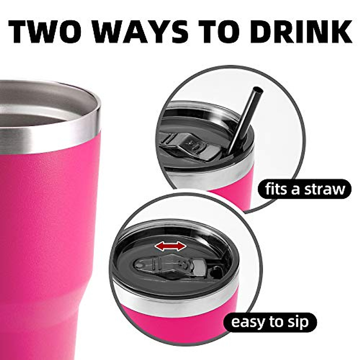 Zibtes 30oz Insulated Tumbler With Lid and Straws, Stainless Steel Double Vacuum Coffee Tumbler Cup, Powder Coated Travel Mug for Home, Office, Travel, Party (Hot Pink 1 pack)