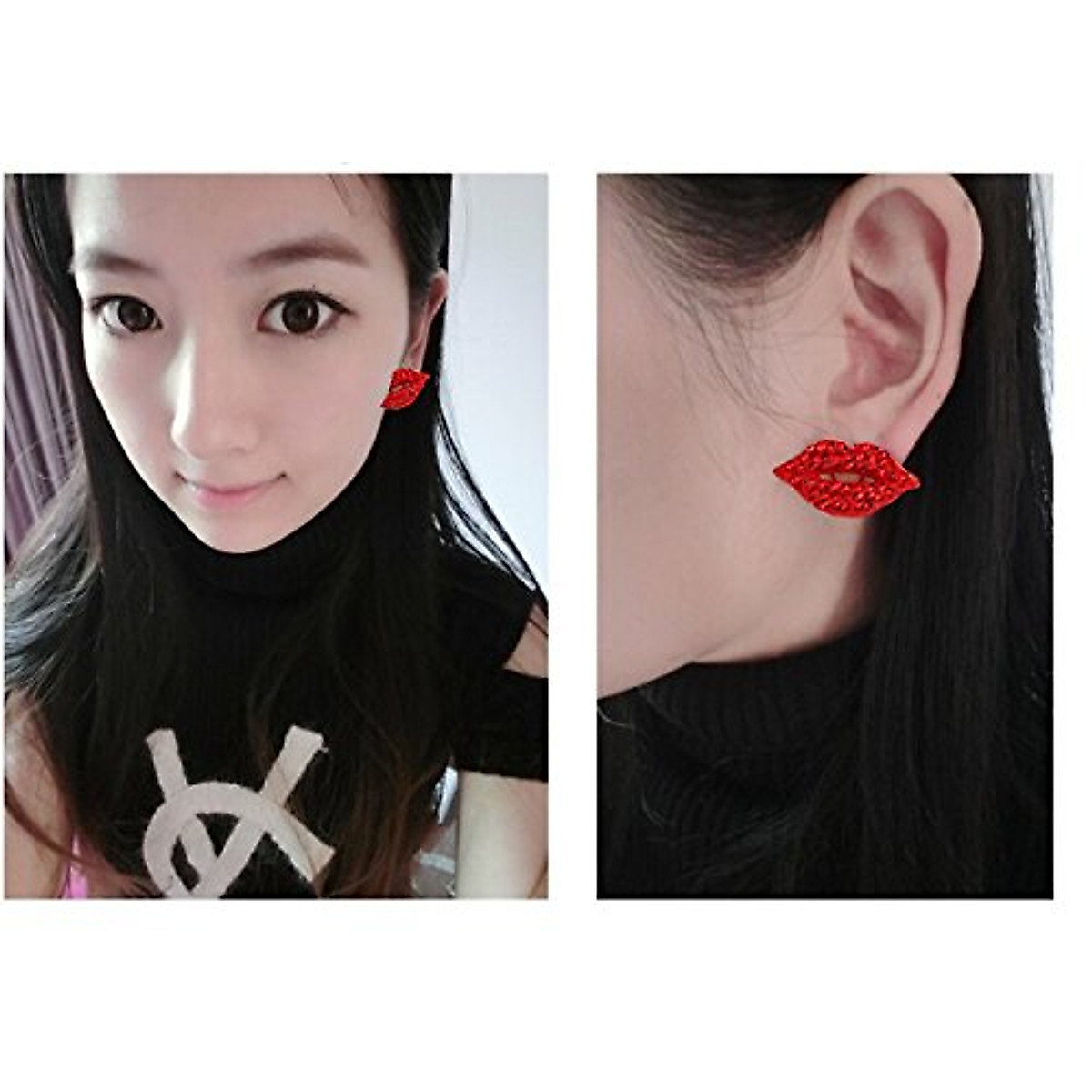 Fashionable Cute Sparkling Red Crystal Embellished Lips Kiss Stud Earrings for girls, teens and women (Red)