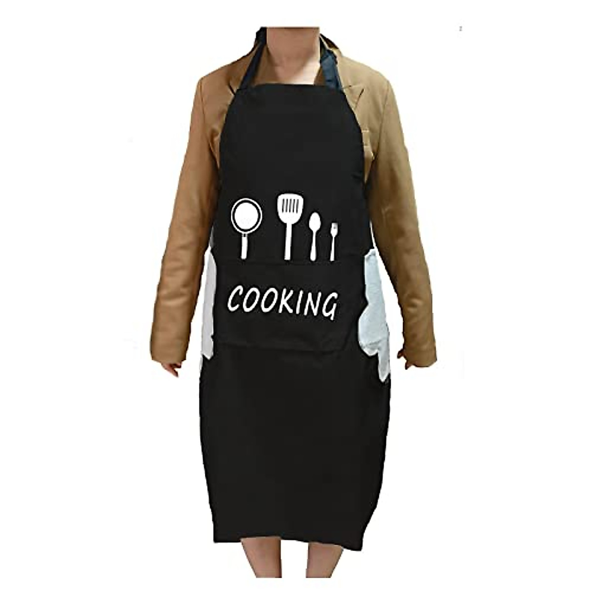 Adjustable Kitchen Apron with Hand Wipe, Water-drop Resistant with 1 Pocket Cooking Bib Apron for Women & Men (BLACK)