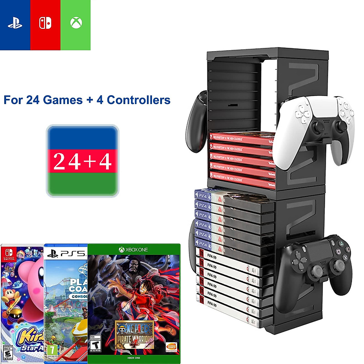 ASFSKY Game Storage Tower Universal Video Game Storage for 24 Games Storage ABS Stand Compatible with PS5 PS4 Xbox Nintendo Switch Games Gamer Gifts