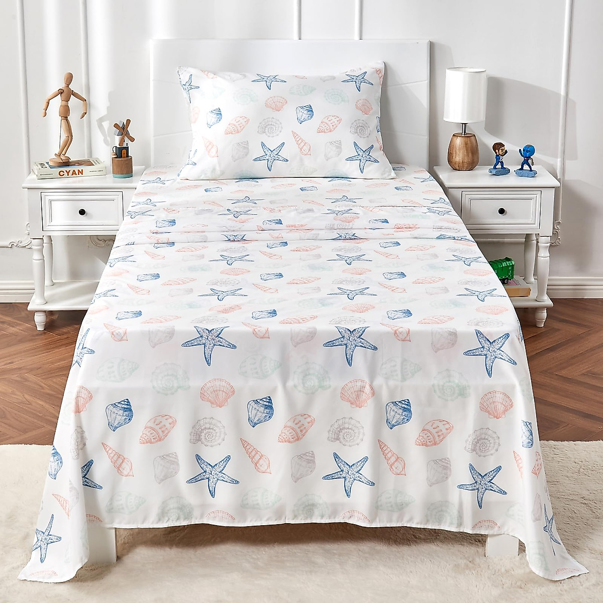 SPIRITUAL COZY Cartoon Twin Sheets for Kids - 3 Piece Cute 3D Beach Shell Printed Twin Sheet Set - 12 Inches Deep Pocket Breathable Boys and Girls Twin Sheets - Soft Kids Sheets with 1 Pillowcase