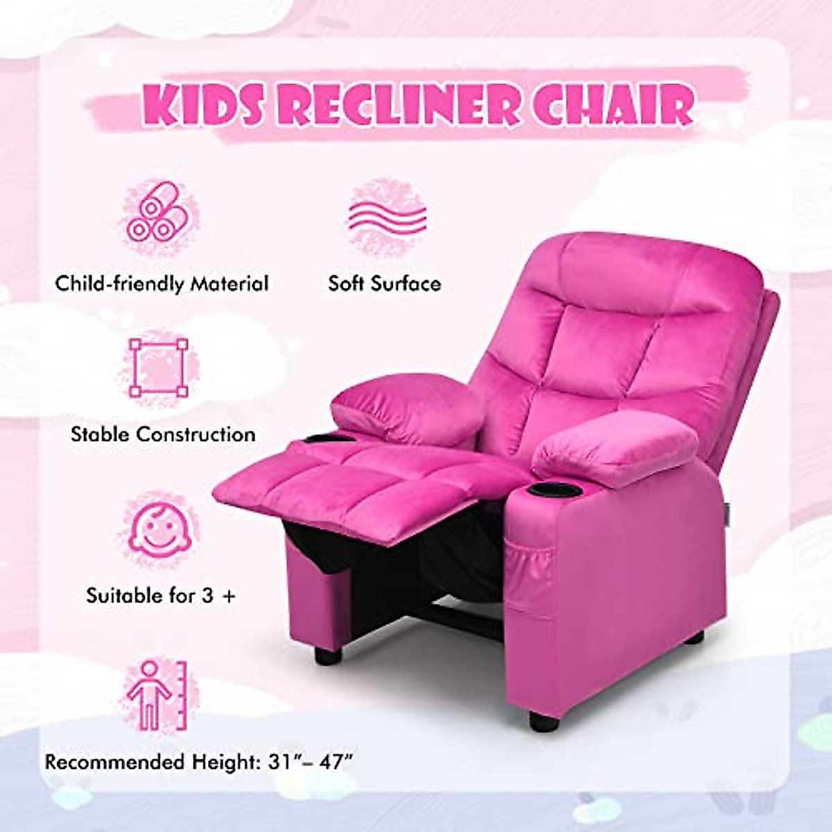 COSTWAY Larger Kids Recliner Chair, Adjustable Lounge Recliner w/ 2 Cup Holders, 1 Side Pocket, 2 Front Pockets, Footrest, Velvet Fabric Recliner for Boys & Girls, Ideal for Bedroom (Pink)