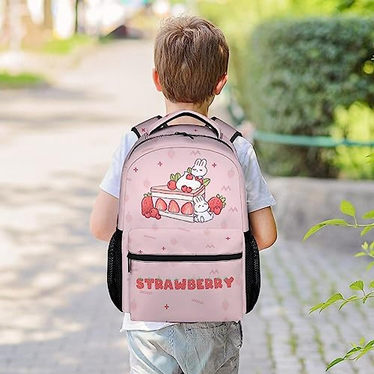 MEETUHONEY Strawberry Backpack for Girls - 16 Inch Cute Backpack for School - Light Pink Lightweight Durable Bookbag for Kids