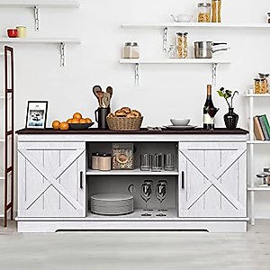 YITAHOME Buffet Cabinet, 59.5“ Farmhouse Sideboard Buffet Storage Cabinet with Barn Door Coffee Bar Cabinet with Capacity 300 lbs for Home Dinning Living Room, Grey White/Espresso, 26“ Height