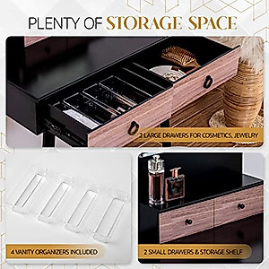 Rose Vanity Makeup Vanity Dressing Table with Lighted Mirror, 3 Lighting Intensity Levels, 5-Piece Vanity Organizers, Soft Cushioned Stool - Black & Brown VD White