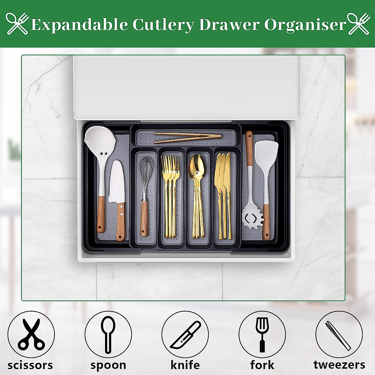 Silverware Drawer Organizer, Expandable Kitchen Drawer Organizer Utensil Drawer Organizer Cutlery Drawer Adjustable Utensil Tray Flatware Tray for Forks Spoons Knife Organizer(Large, Gray Black)