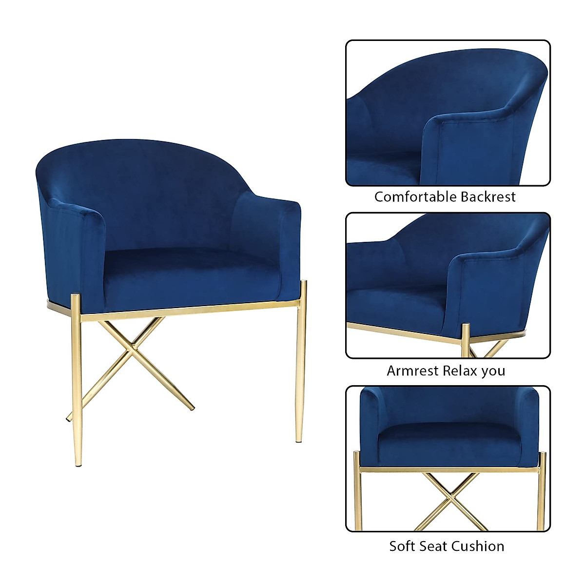 Adeco Velvet Upholstered Accent Golden Metal Legs, Corner Side Chair Single Sofa for Living Room Bedroom Office Armchair, Blue