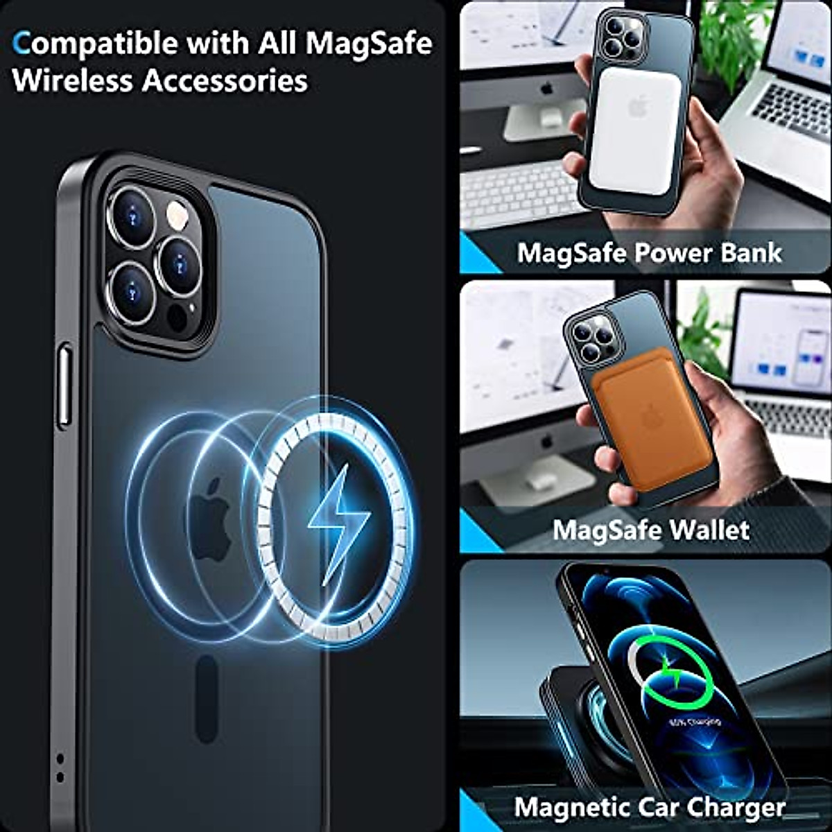 femrit Magnetic Case for iPhone 12 Pro Max Case, [Compatible with MagSafe] [2 Pcs Tempered Glass Screen Protector] [Translucent Matte] Military Grade Drop Shockproof Phone Case 6.7 inch - Black