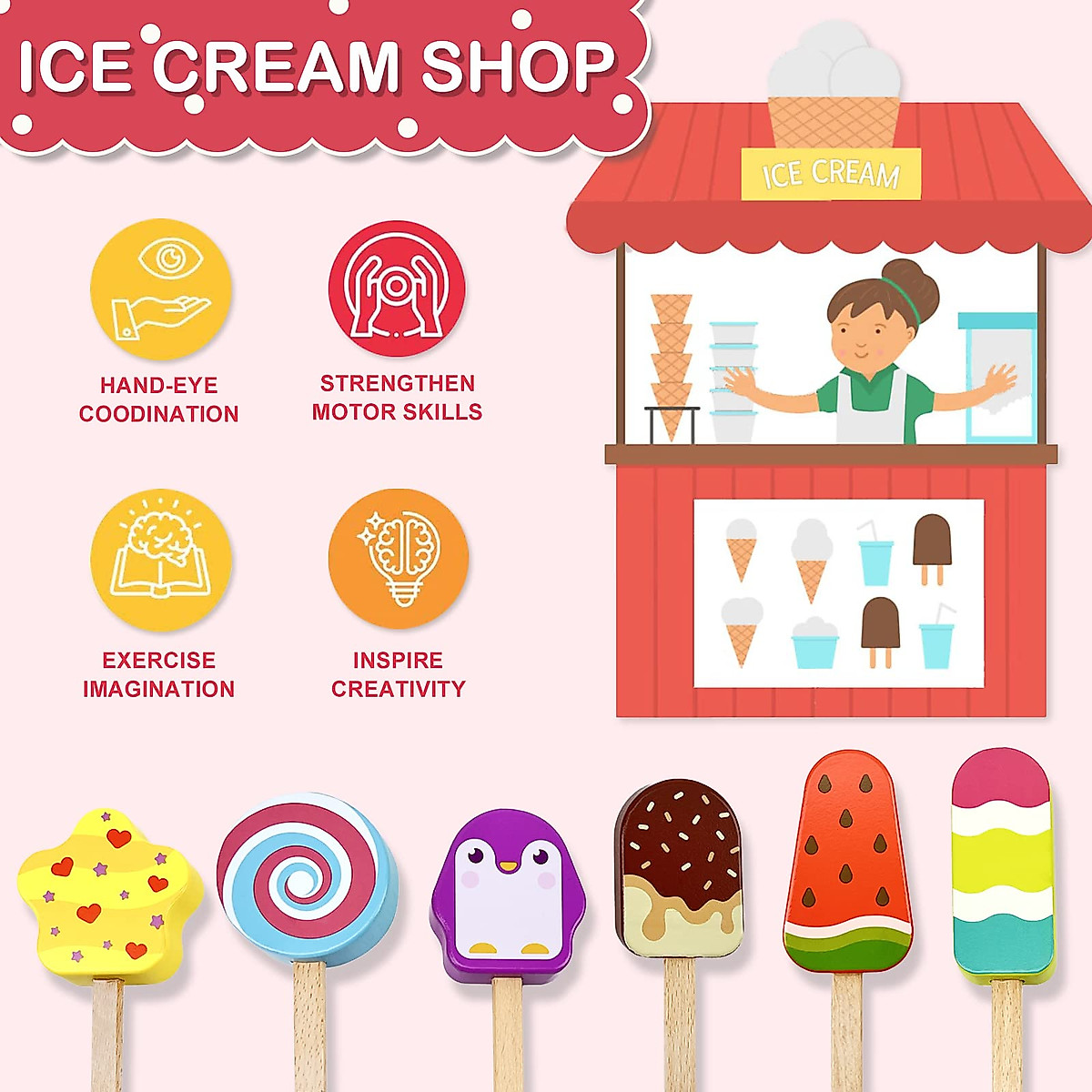 Wooden Ice Cream Toy for Kids, Toddler Pretend Play Food Ice Lolly Pops Set, Preschool Educational Toys and Gifts for Kids Age 3 4 5 6 Years Old