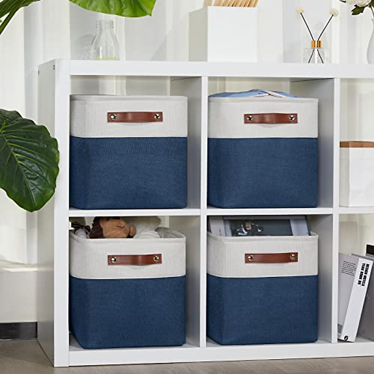 DULLEMELO Collapsible Bundle Baskets 4 Cube Baskets 11"x11"x11" + 2 Narrow Baskets 15"x6"x5.5"（White&Blue