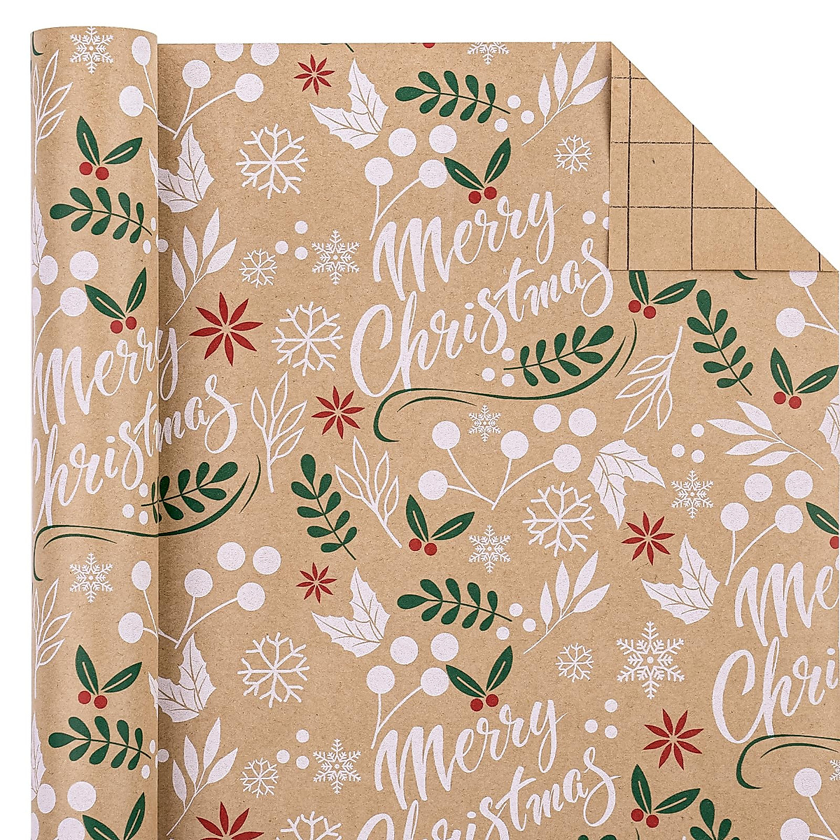 WRAPAHOLIC Kraft Christmas Wrapping Paper - Mini Roll - 17 Inch X 33 Feet - Merry Christmas Lettering with Christmas Leaves Design for Chrsitmas, Holiday, Party Celebration