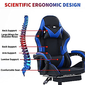 ExAchat Gaming Chair - Gaming Chair with Footrest, Ergonomic Gaming Chair with Adjustable Seat Height and Backrest - Adult Gaming Chair with Comfortable Headrest and Lumbar Support,300LBS-Blue