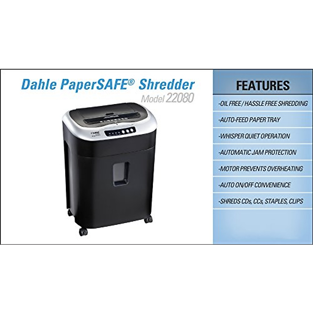 Dahle PaperSAFE 22080 Auto-Feed Paper Shredder, Oil Free, 80 Sheet Tray, Security Level P-4, Shreds CDs, Credit Cards & Paper Clips