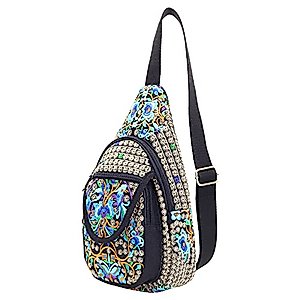 SILKAREA Embroidered Boho Small Sling Bag for Women Travel Chest Bag Crossbody Backpack Purse Shoulder Bag (Blue)