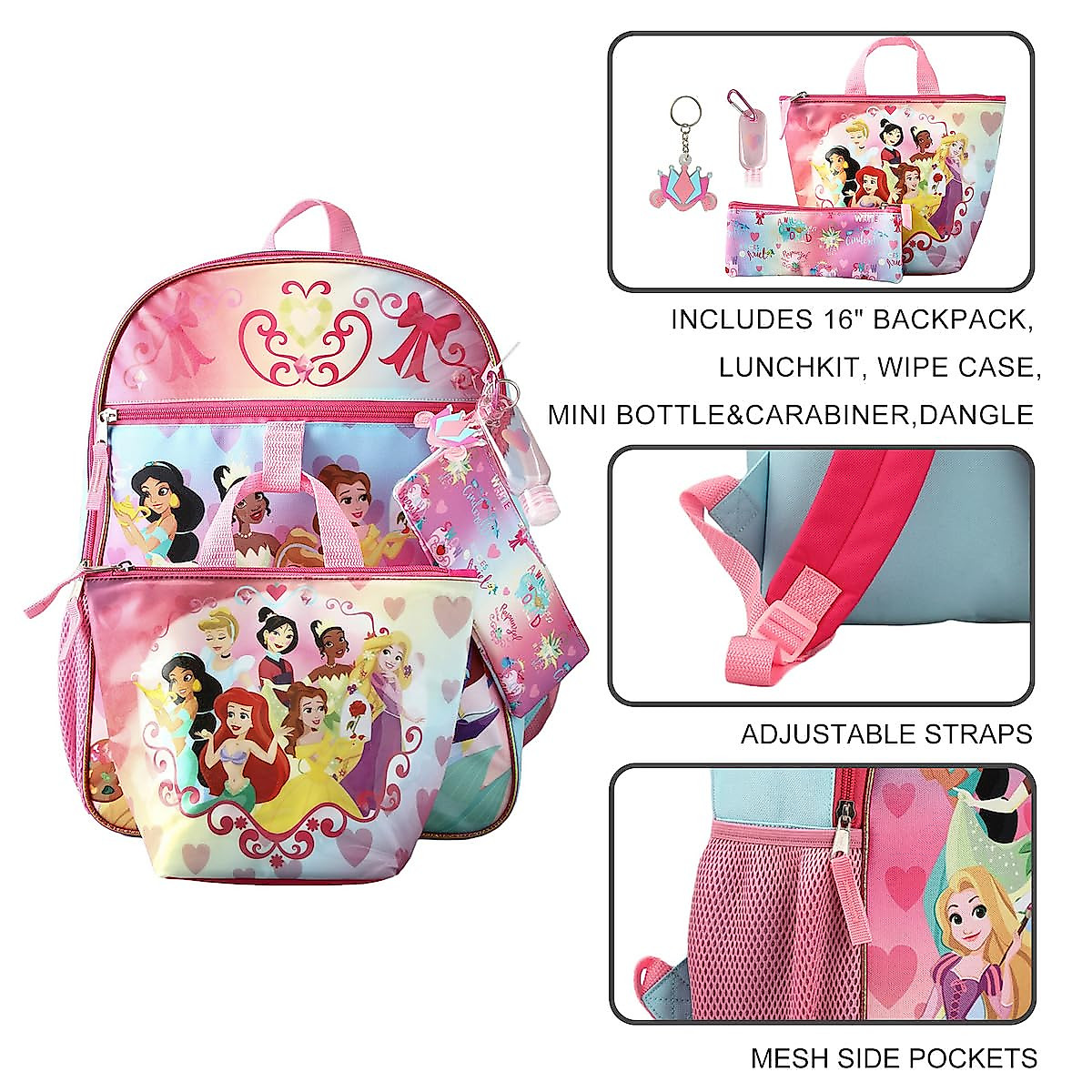 Disney Princesses Backpack With Lunch box set for kids 6 Piece