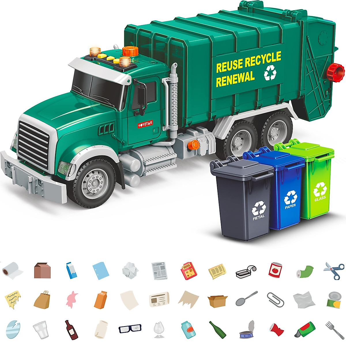 MOBIUS Toys Garbage Truck Toy – Recycling Vehicle for Boys with 3 Garbage Cans + 48 Flash Cards – Push & Go, Lights & Sounds – Multi-Functional Trash Truck w/Moving Parts for Ages 3-8