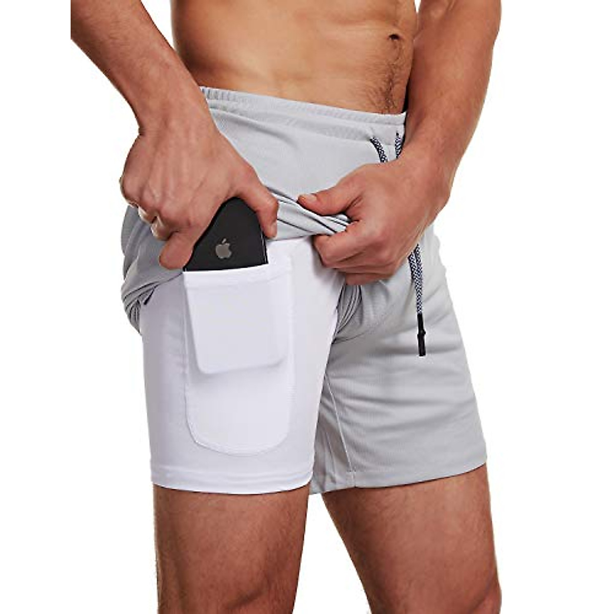 FLYFIREFLY Men's 2-in-1 Workout Running Shorts 7" Lightweight Gym Yoga Training Sport Short Pants Grey