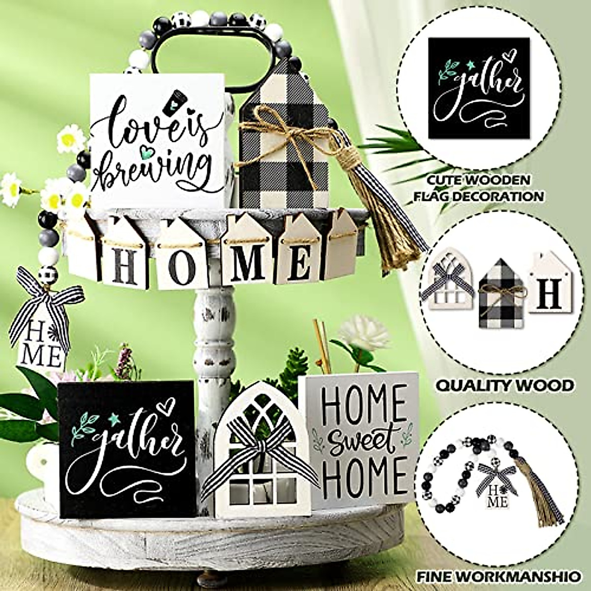 Spakon 14 Pieces Farmhouse Tiered Tray Decor Black White Buffalo Plaid Christmas Decor Wood Bead Garland with Tassel for Rustic Home Sweet Home Farmhouse Xmas Gift(Home Style)