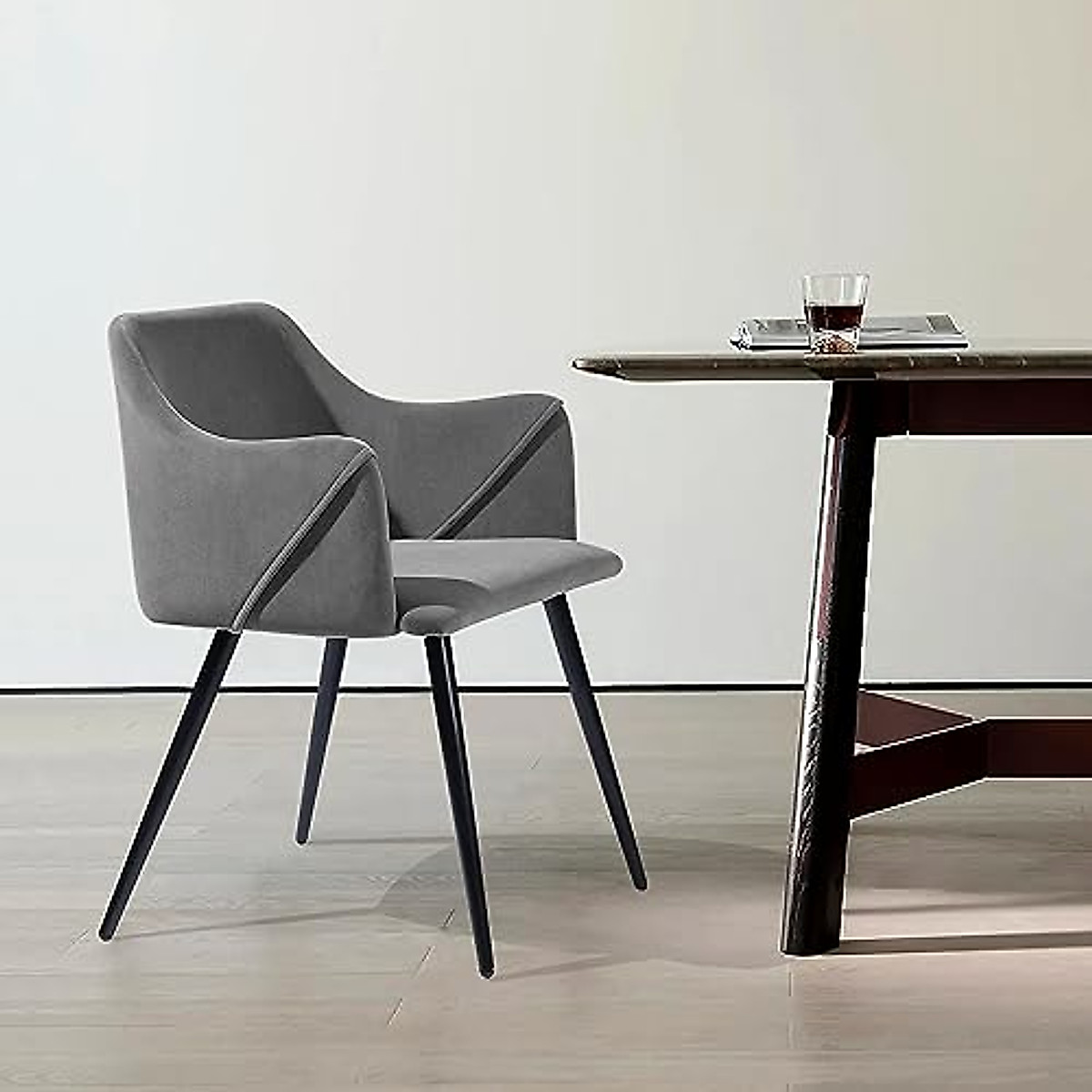 FurnitureR Set of 2, Velvet Fabric Side Accent Arm Scandinavian Modern with Metal Legs for Home Kitchen Living Bedroom Dining Chair, Grey