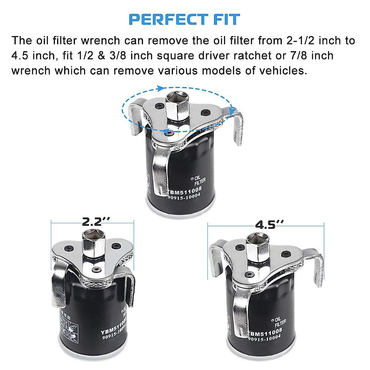 GOHAWKTEQ Universal Adjustable Oil Filter Wrench From 2-1/2 inch to 4.5 inch Oil Filter Wrench Tool Set With 3 Jaw