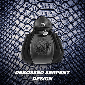 CASEMATIX Leather Dice Bag and Dice Rolling Tray for 50+ RPG Dice - Black DND Dice Bag Leather Drawstring Pouch with Non-Scratch Fabrics, Metal Hardware and Debossed Serpent Design