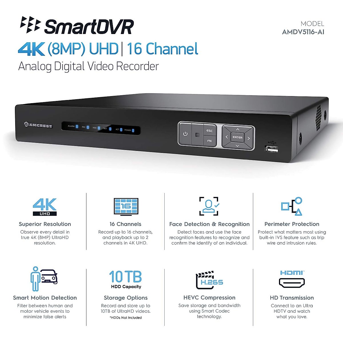 Amcrest 4K UltraHD 16 Channel AI DVR Security Camera System Recorder, 8MP Security DVR for Analog Security Cameras & Amcrest IP Cameras, AI Smart DVR, HDD & Cameras NOT Included (AMDV5116-I3)