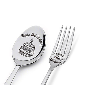 Happy 16th Birthday Spoon&Fork Gifts Engraved Spoon&Fork Personalized Birthday Gifts for Son Daughter Sister Brother Friends