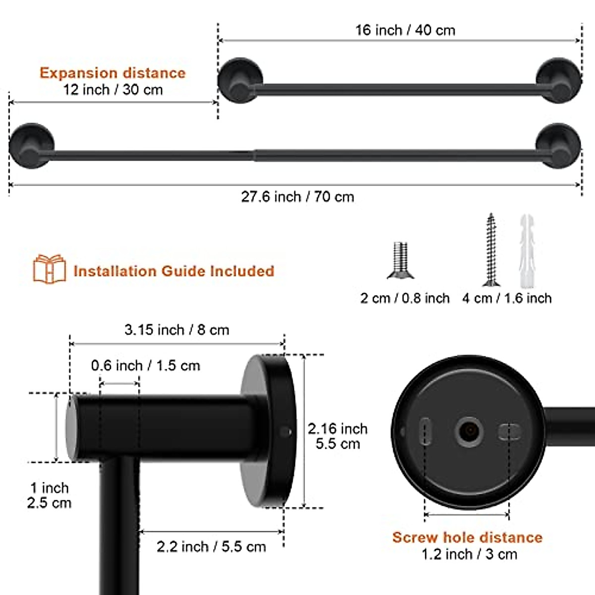 2 Pack Adjustable Single Bath Towel Bar 16 to 27.6 Inch, ZUEXT Oil Rubbed Black Stainless Steel Towel Holder Hanger,Expandable Wall Mounted Towel Rail for Bathroom Kitchen,1" Tube Towel Rail Racks