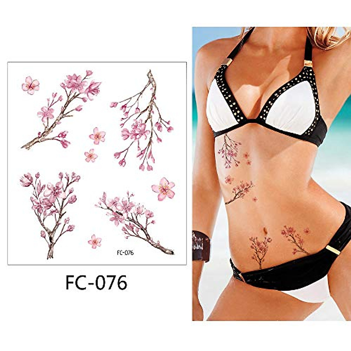 Glaryyears Flower Birds Temporary Tattoos, 12 Sheets Cherry Blossoms Fake Realistic Tattoo Sticker for Women Girls, Sexy Leaf Body Art for Seasons