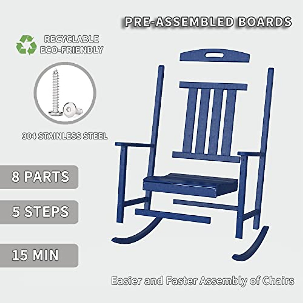 POLYDUN Patio Rocking Chairs, Poly Lumber Rocking Chairs for Outside with High Back, Wide Rocking Chair Outdoor, All-Weather Front Porch Rocker for Both Outdoor and Indoor, Navy Blue