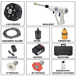 heyesaki Cordless Pressure Washer, 650PSI Portable Pressure Washer，98VF Rechargeable Battery Cordless Power Washer,with 6 in 1 Adjustable Nozzle Suitable for Washing Cars/Floor/Garden Cleaning