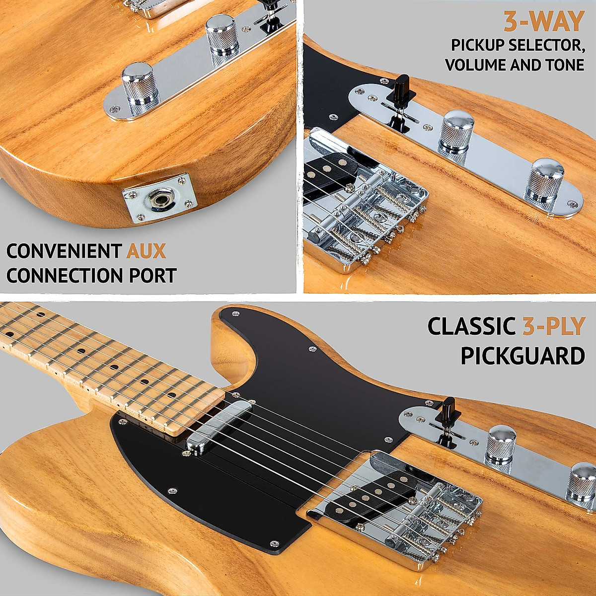 LyxPro 39” Electric Guitar TL Series, Full-Size Paulownia Wood Body, 3-Ply Pickguard, C-Shape Neck, Ashtray Bridge, Quality Gear Tuners, 3-Way Switch & Volume/Tone Controls, 2 Picks Included, Natural