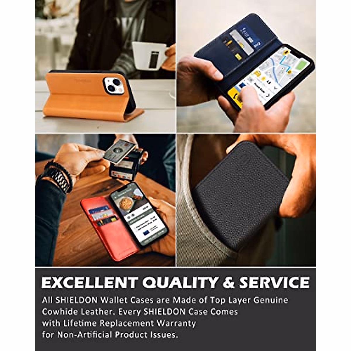 SHIELDON Case for iPhone 13 Wallet Case, Genuine Leather Case with Kickstand RFID Blocking Credit Card Holder Shockproof Full Protection Magnetic Case Compatible with iPhone 13 5G 6.1" 2021 - Black