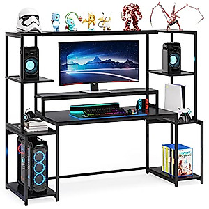 Tribesigns 70 -inch Rustic Computer Desk with Hutch and Shelf, Modern Large Gaming Desk with Monitor Stand, Gamer Table Workstation for Home Office,Carbon Fiber Desktop (Black)