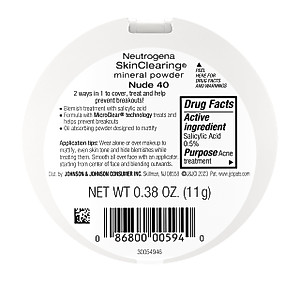 Neutrogena SkinClearing Mineral Acne-Concealing Pressed Powder Compact, Shine-Free &amp; Oil-Absorbing Makeup with Salicylic Acid to Cover, Treat &amp; Prevent Acne Breakouts, Nude 40, 38 oz (Pack of 2)