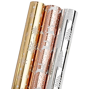 LDGOOAEL Mini Short Small Christmas Wrapping Paper Roll with Cut Lines on Reverse (17" X 120" Per Roll) - Gold Sliver Rose Gold with Deer&Snowflake&Tree Design for Holiday, Birthday