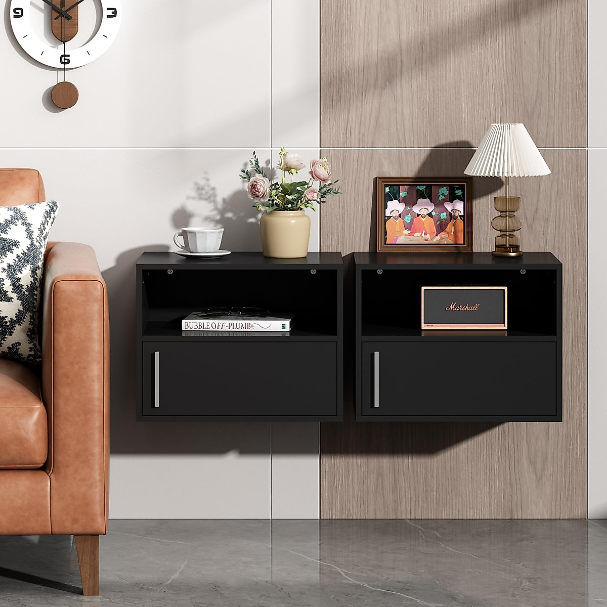 JAXPETY Wall Floating Nightstand Set of 2 Modern Side Table Wall Mounted Shelf with Cabinet Storage for Living Room, Bedroom, Dorm, Black