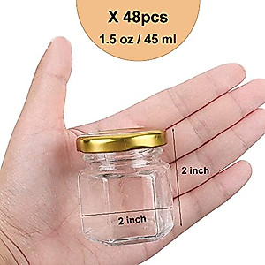 TinQee 48 Pack 1.5oz Hexagon Glass Jars with Golden Metal Lids, Mini Canning Jars for Honey, Jam, Jelly, Wedding Party Favors, Gifts and Crafts