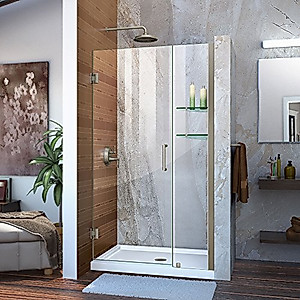 DreamLine Unidoor 37-38 in. W x 72 in. H Frameless Hinged Shower Door with Shelves in Brushed Nickel, SHDR-20377210S-04